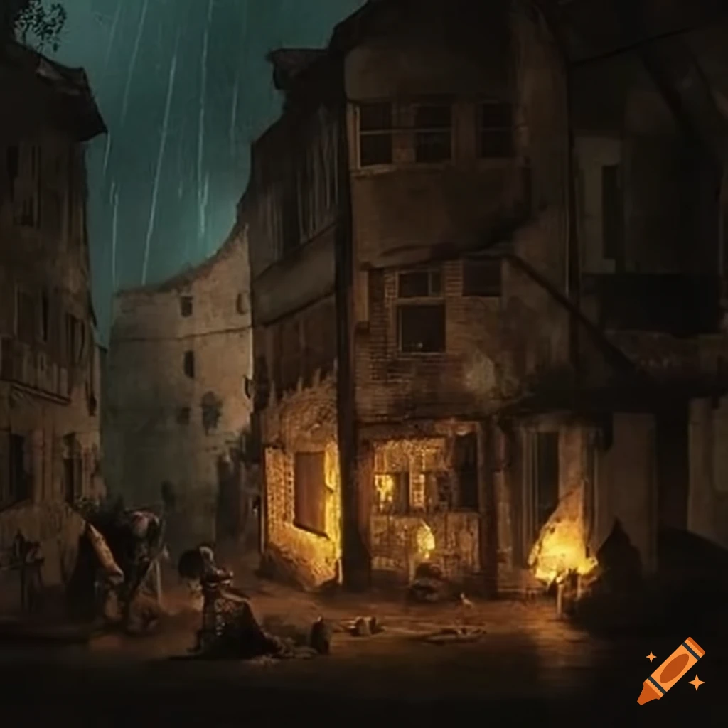 Rainy night in crowded medieval slums with beggars and tarps on Craiyon