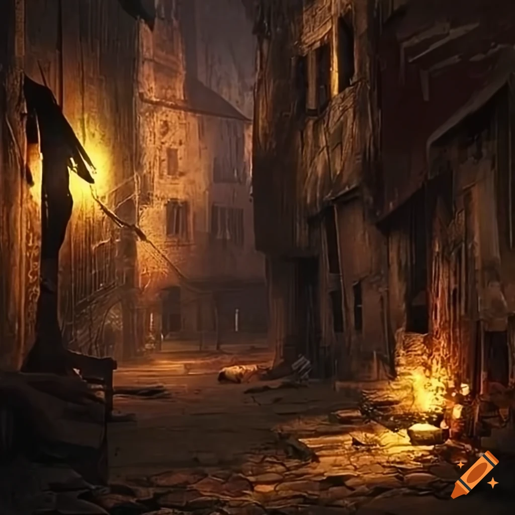 Crowded medieval poverty slums in the rain at night on Craiyon