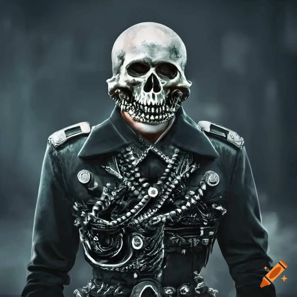 Cyberpunk gothic military figure with biomechanical skull against ...