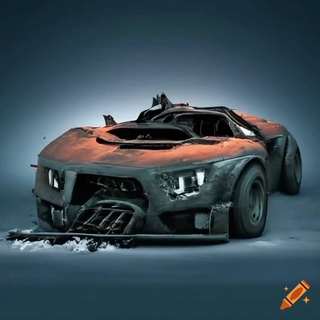 Futuristic post-apocalyptic sports car in frozen Seattle city at night ...