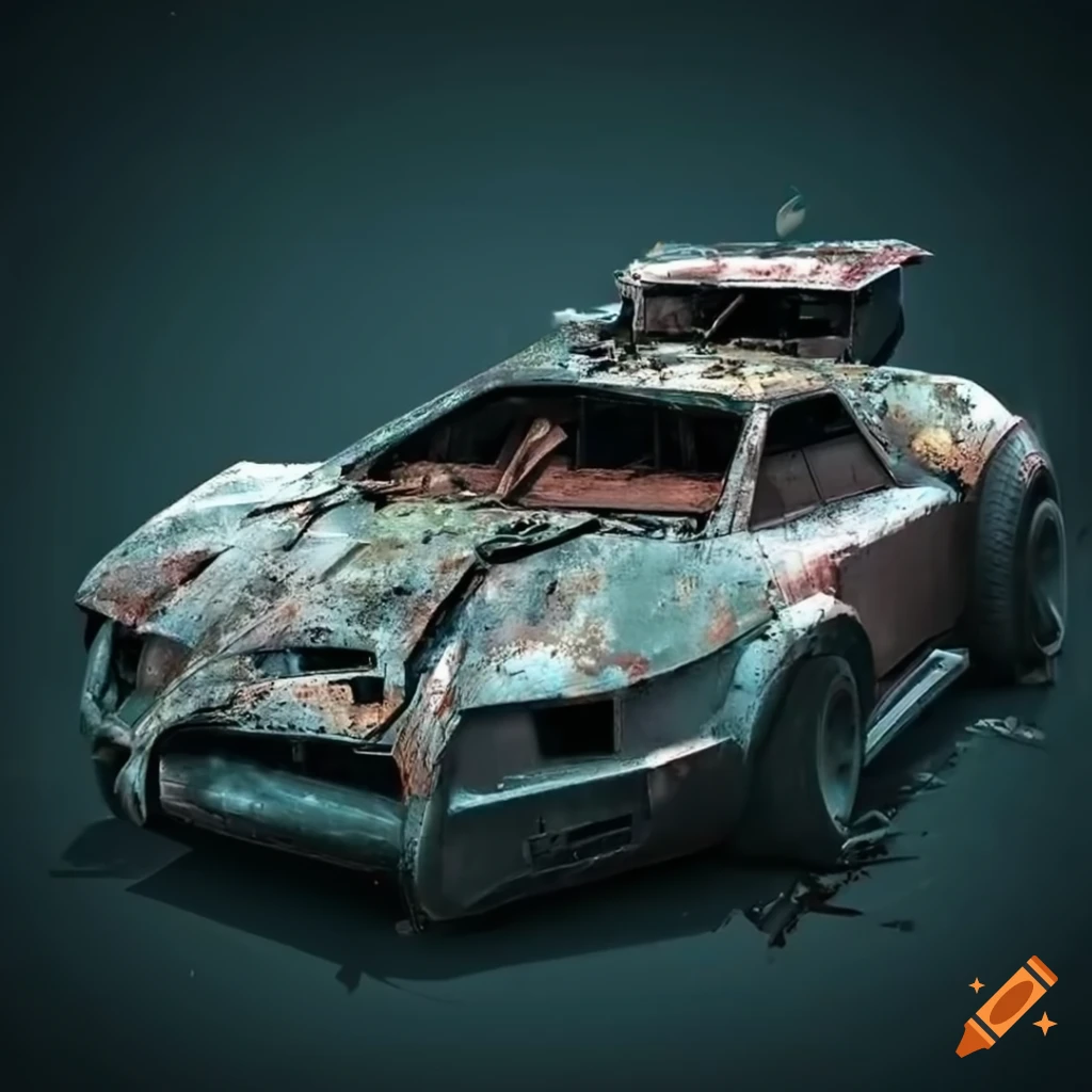 Futuristic post-apocalyptic sports car in destroyed Seattle city at ...