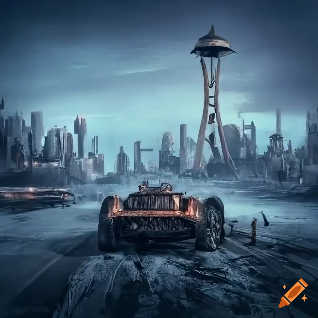 Frostpunk-inspired dystopian landscape with racing sports car in post ...