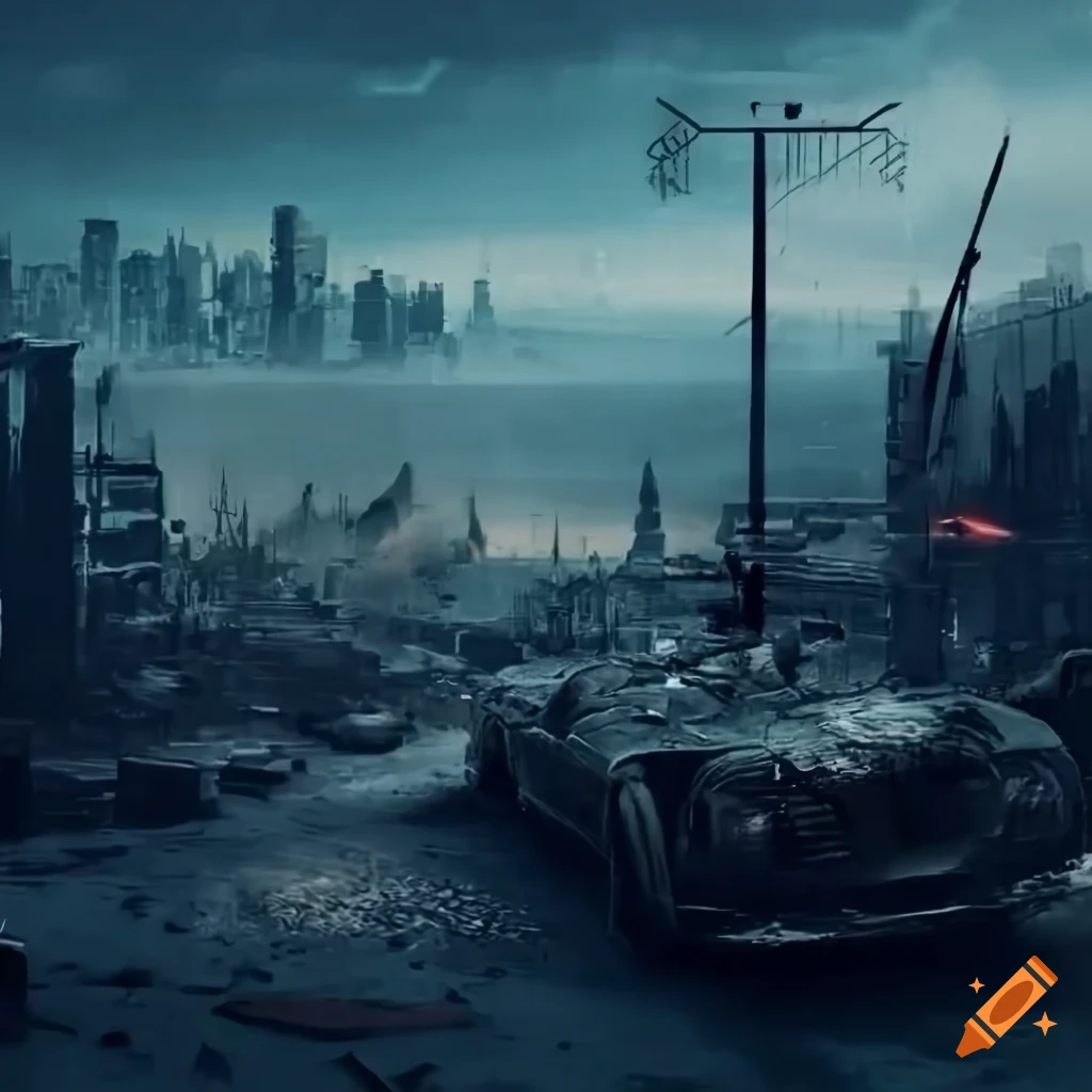 Frostpunk-inspired dystopian landscape with a racing sports car in post ...