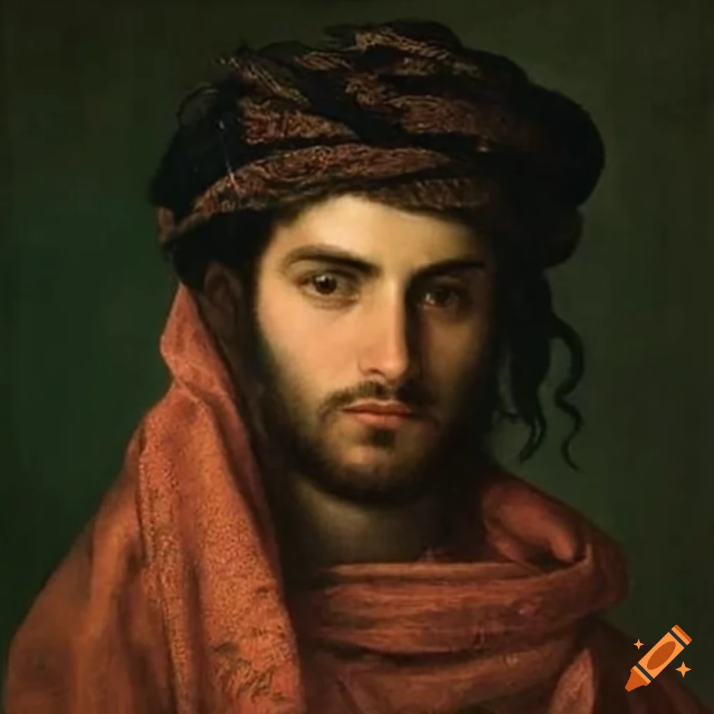 Classic painting of a poor young man wrapped in a blanket in a cave ...