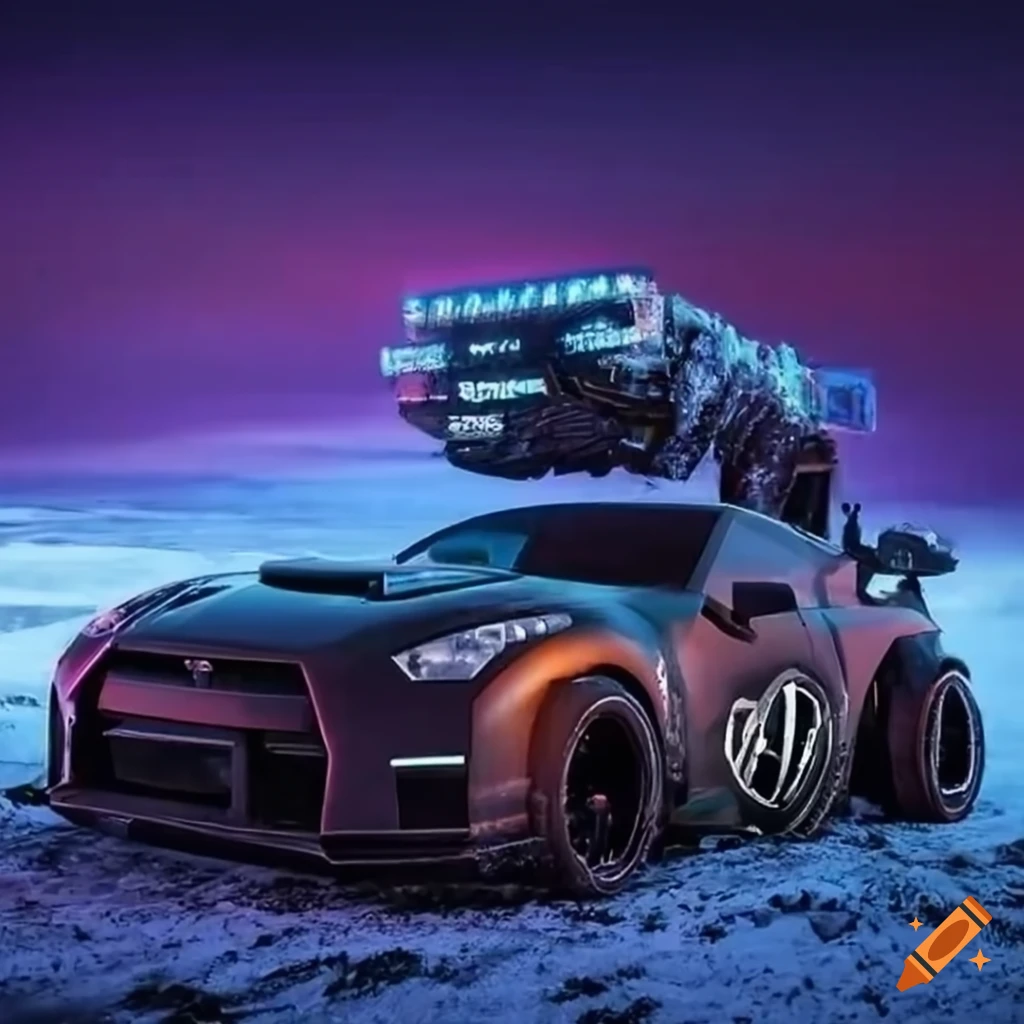 Mad max nissan gtr with neon graffiti in a snowy wasteland at night on ...