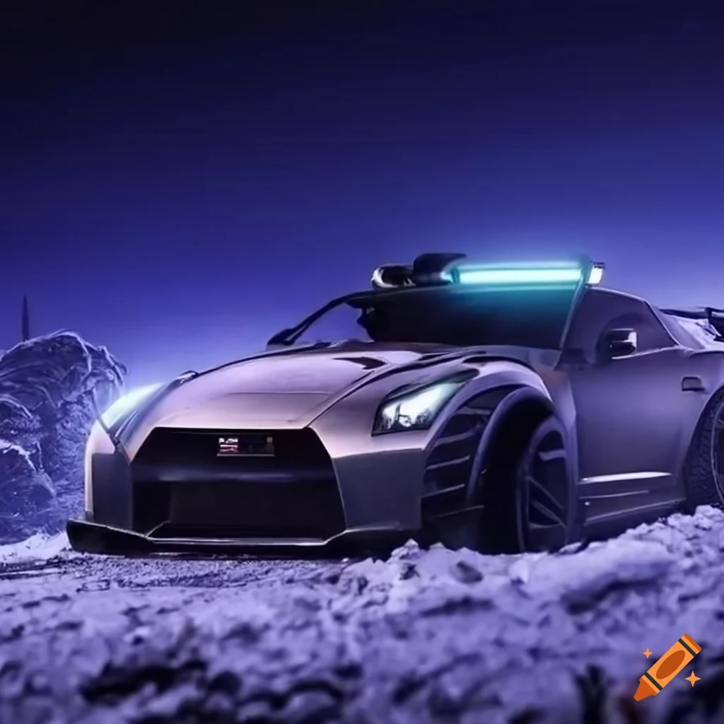 Mad Max Nissan GTR with neon graffiti in a snowy wasteland at night on ...