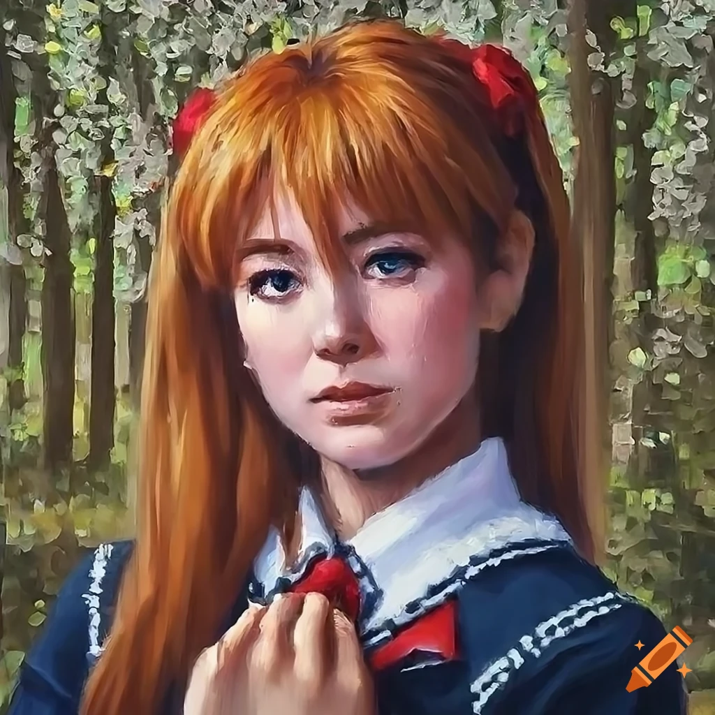 Eva asuka langley pixelart portrait in a blooming forest on Craiyon