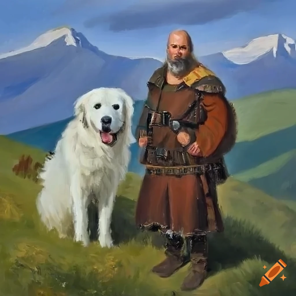 Balding viking man with loyal sheepdog on hilltop, mountains in ...