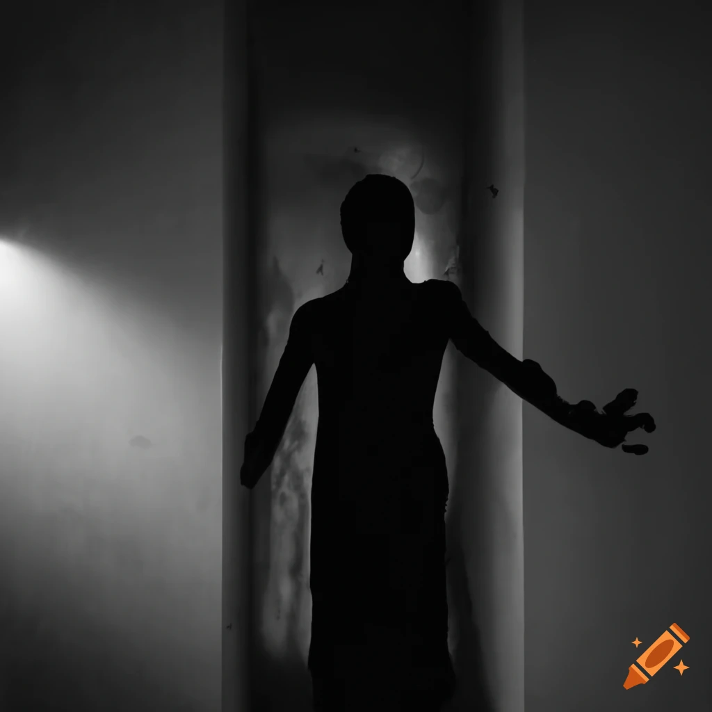 Shadowy humanoid figure in a dark creepy factory hallway on Craiyon