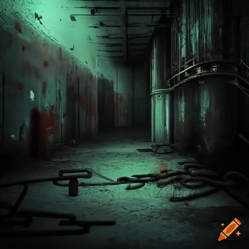 Dark sci-fi underground factory hallway with rusty metal walls and ...