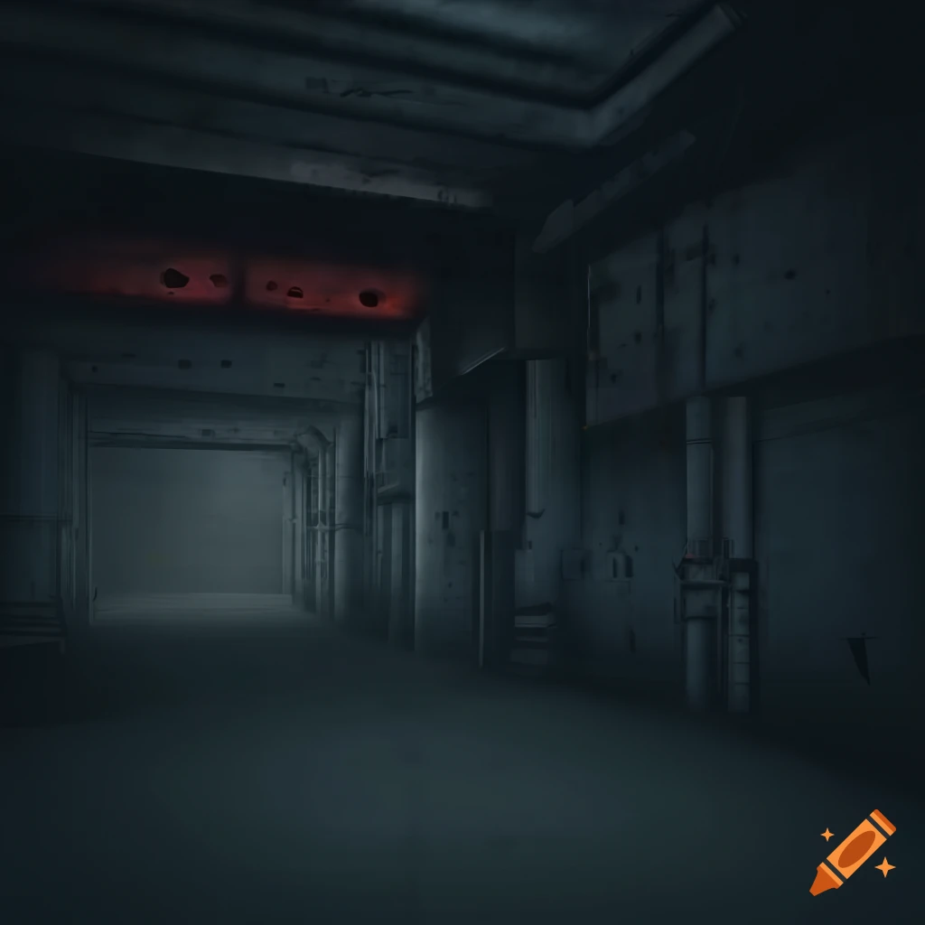 Dark sci-fi underground factory hallway with rusty metal walls and ...