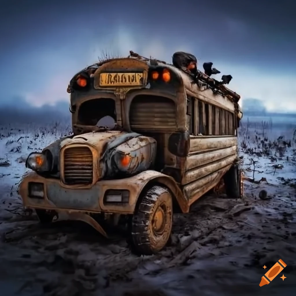 Post-apocalyptic school bus decorated as a war vehicle in a snowy ...