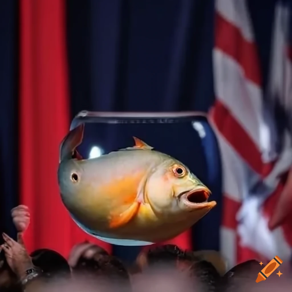 Satirical portrayal of a fat fish resembling Trump in a fishbowl on a ...