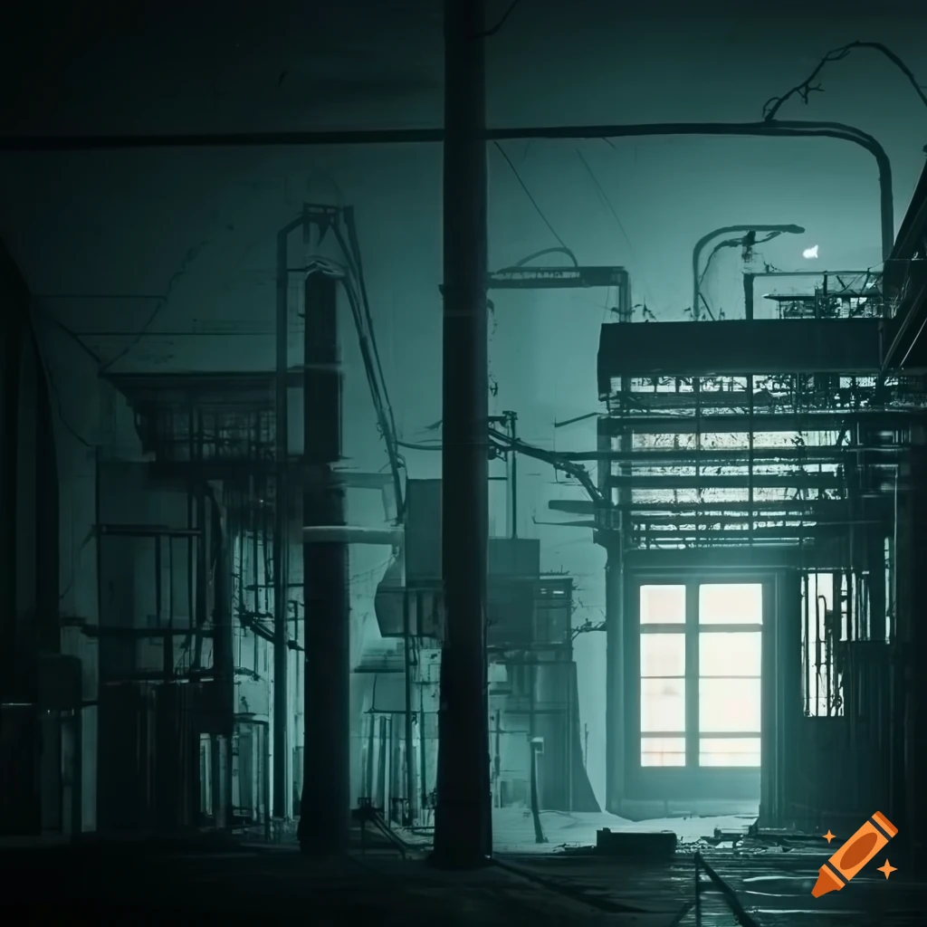 Eerie factory and laboratory facility with dim emergency lighting at ...