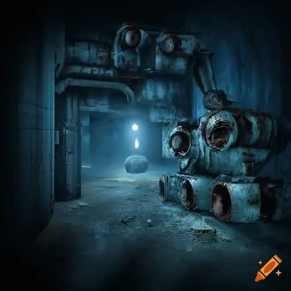 Dark sci-fi underground factory hallway with rusty metal walls and ...
