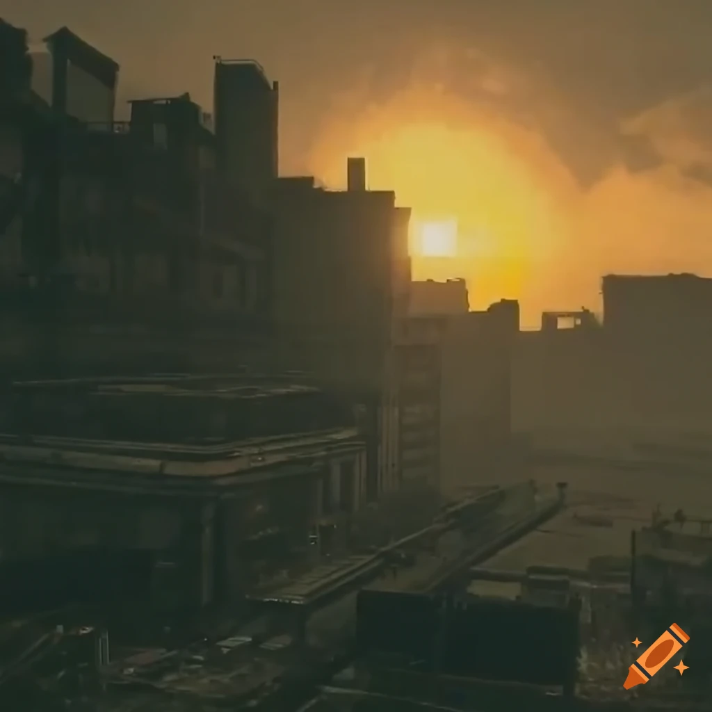 Ink and watercolor art of desolated fallout 4 cityscape under a full ...