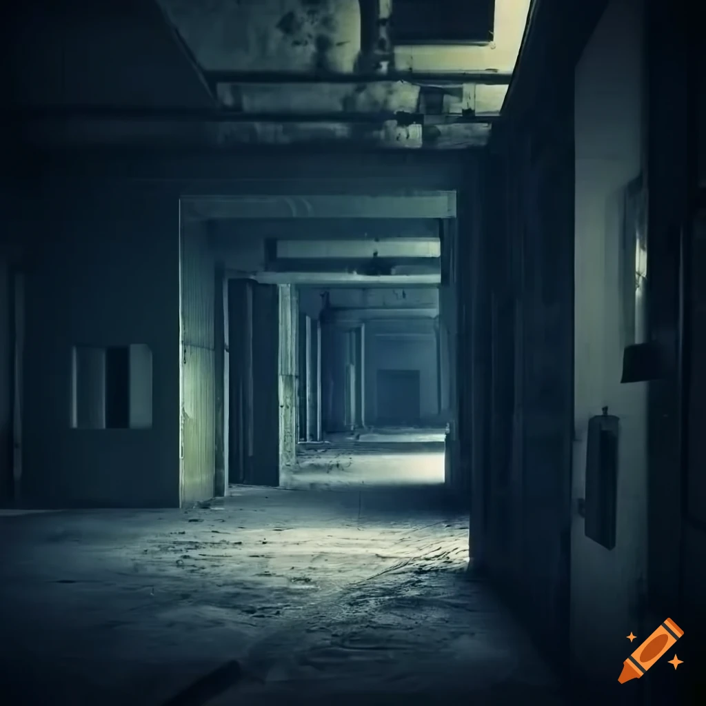 Eerie underground factory corridor and laboratory with dim emergency ...