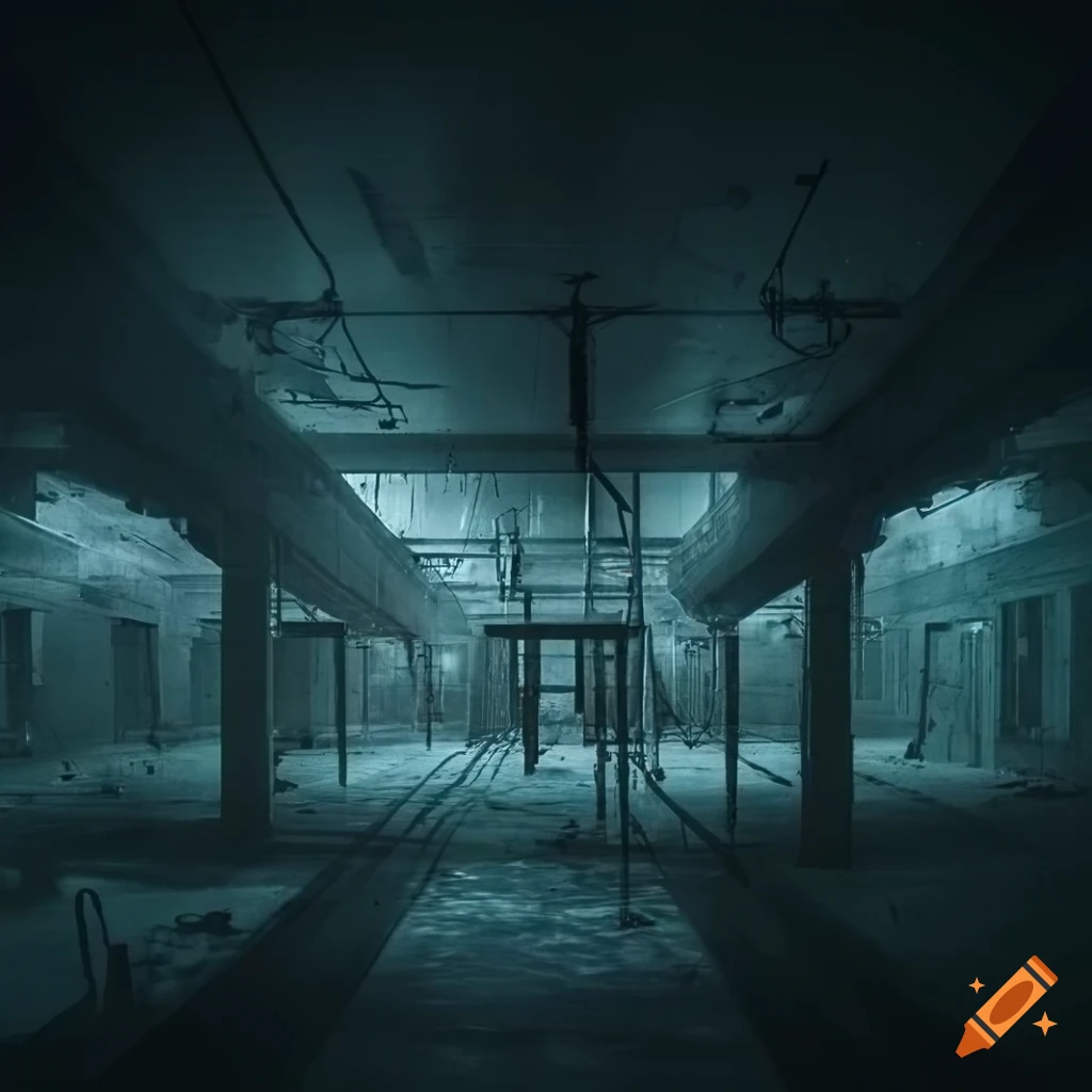 Eerie factory and laboratory facility with dim emergency lighting at ...