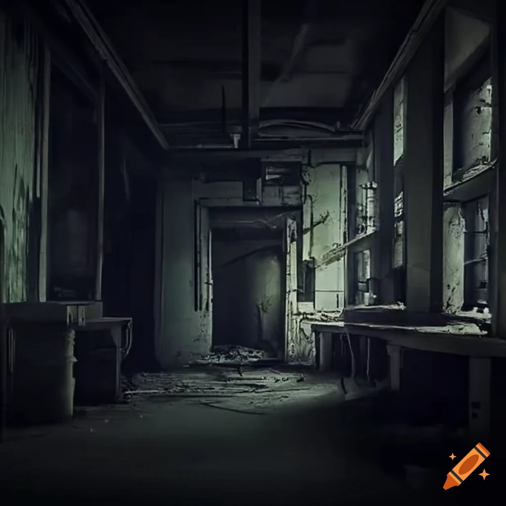 Eerie factory and laboratory with dim emergency lighting at night on ...