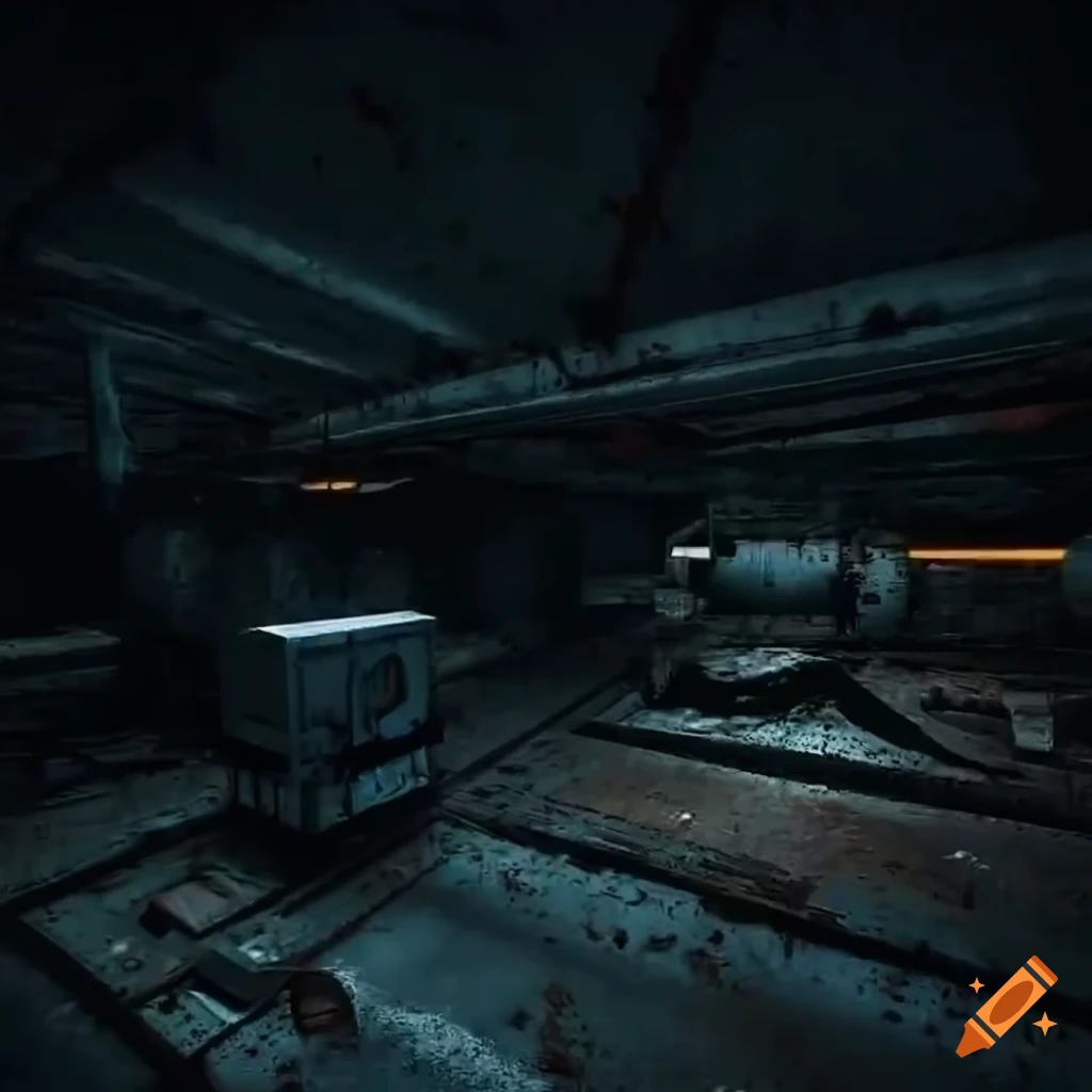Dark sci-fi underground factory hallway with rusty metal walls and ...