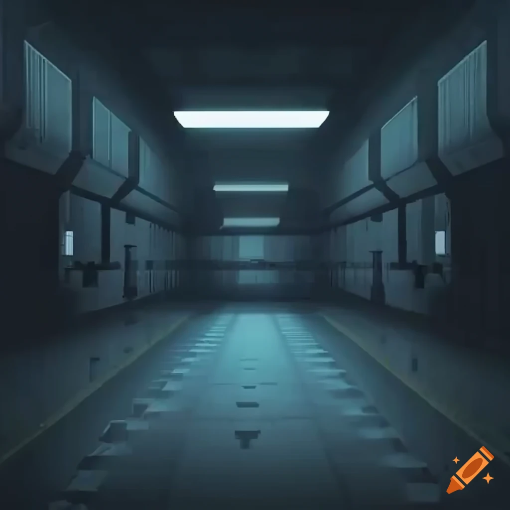 Dark creepy underground factory hallway with futuristic machinery and ...