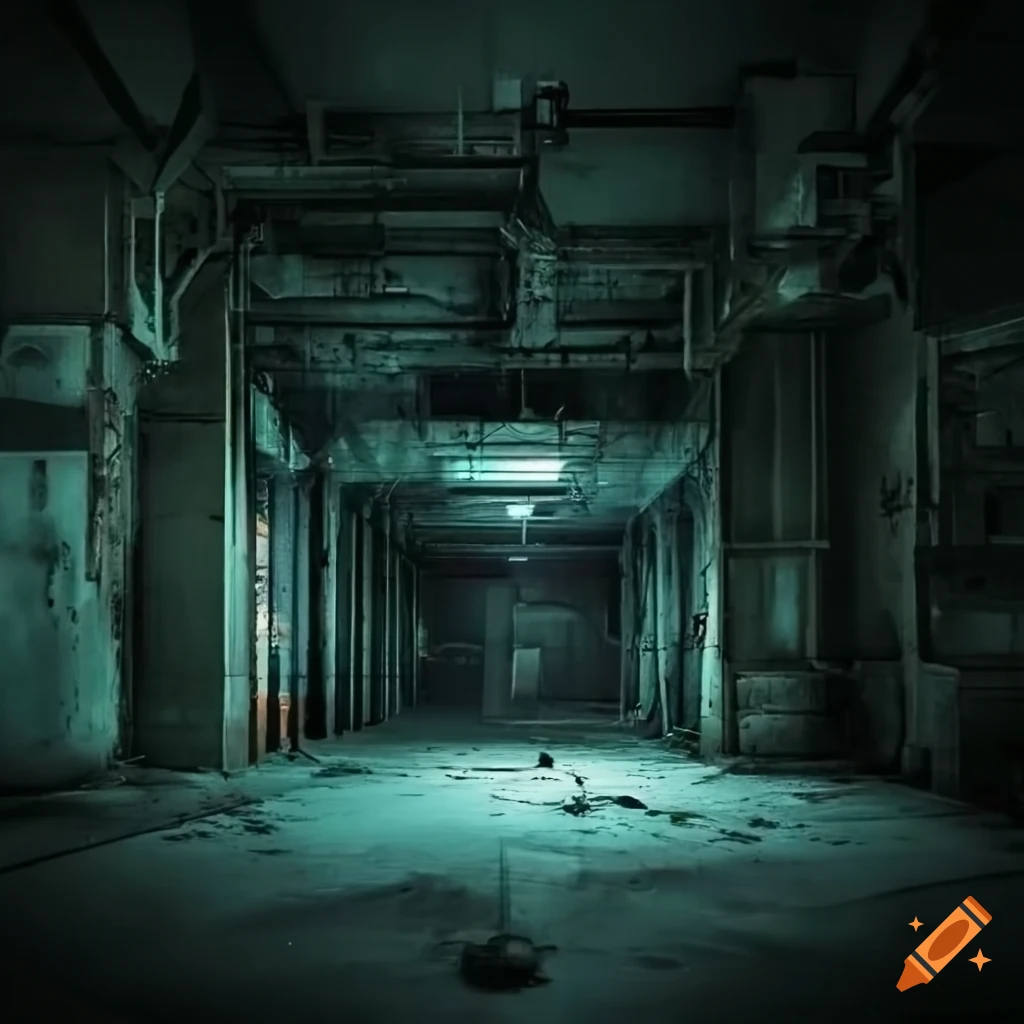 Eerie factory and laboratory facility with dim emergency lighting at ...