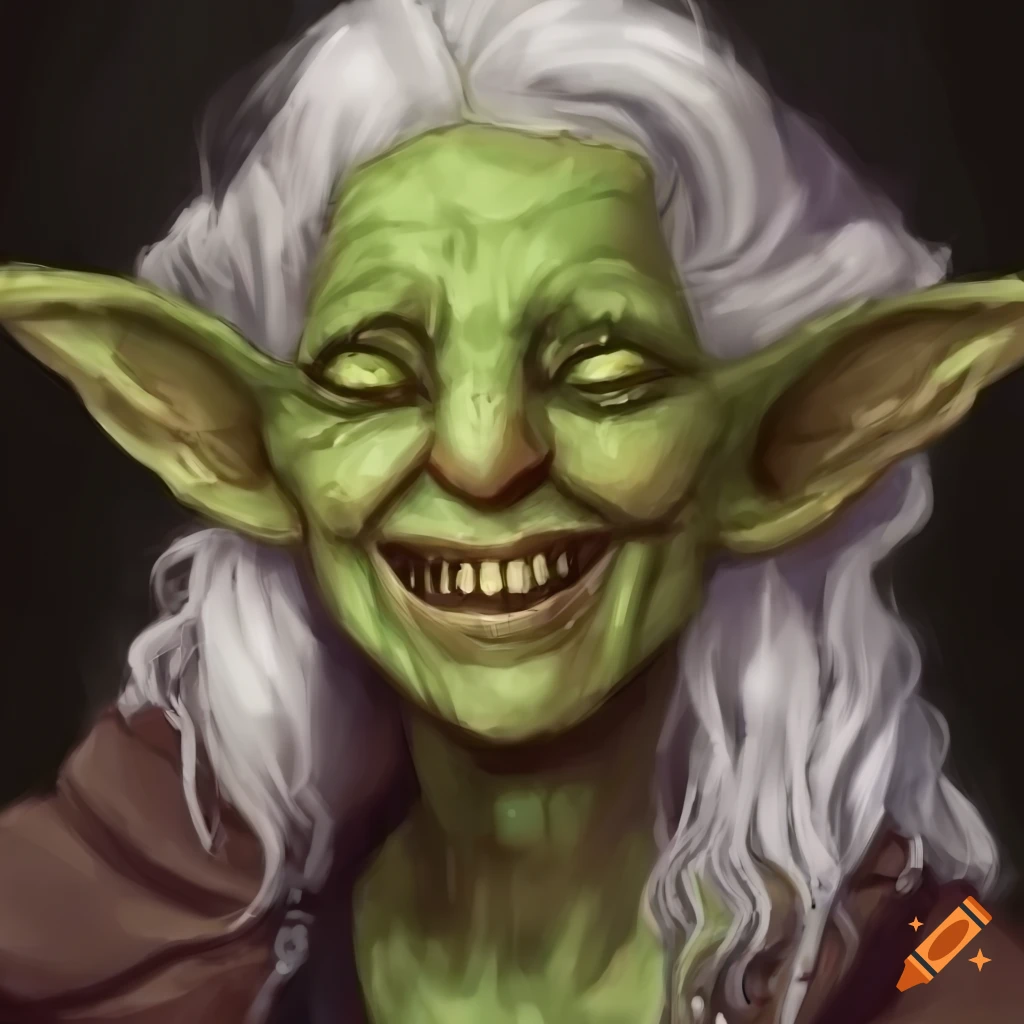 Smiling old goblin lady in a whimsical DND art on Craiyon