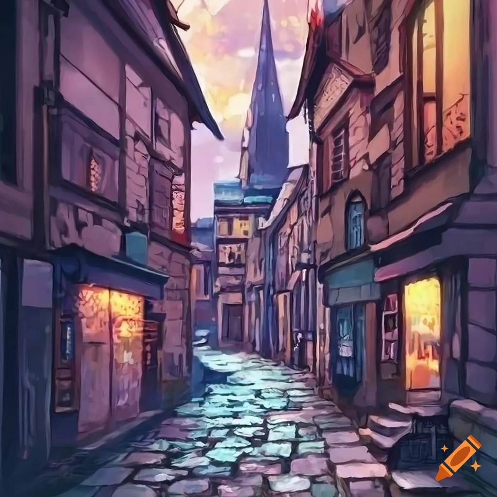 Detailed anime art of a cobblestone street with traditional stone ...