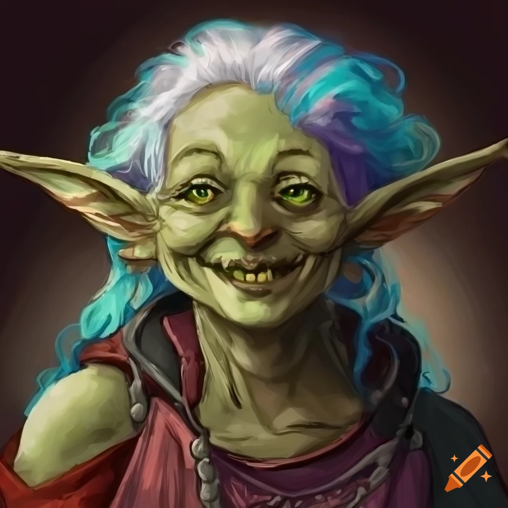 Smiling old goblin lady with colored hair in DND art on Craiyon