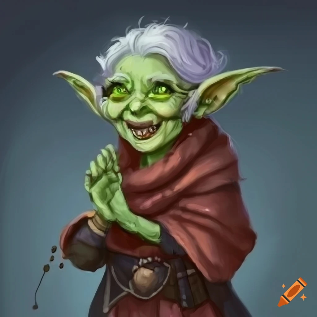 Smiling old goblin lady in a whimsical DND art on Craiyon