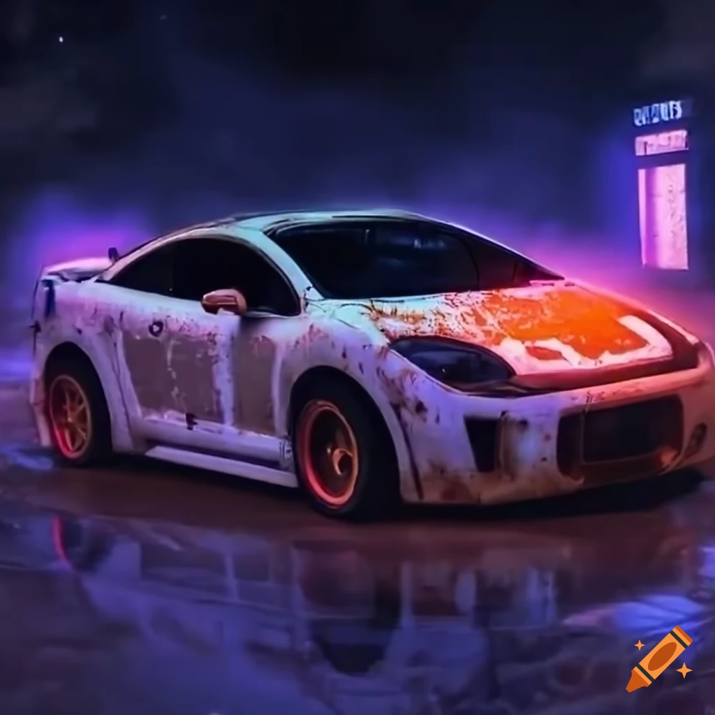 Customized white Mitsubishi Eclipse with cyberpunk details in a parking ...