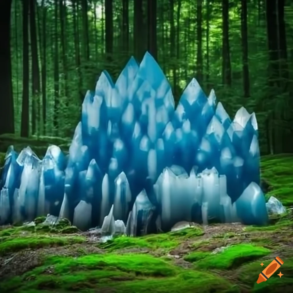 Clusters of human-sized crystals in a forest on Craiyon