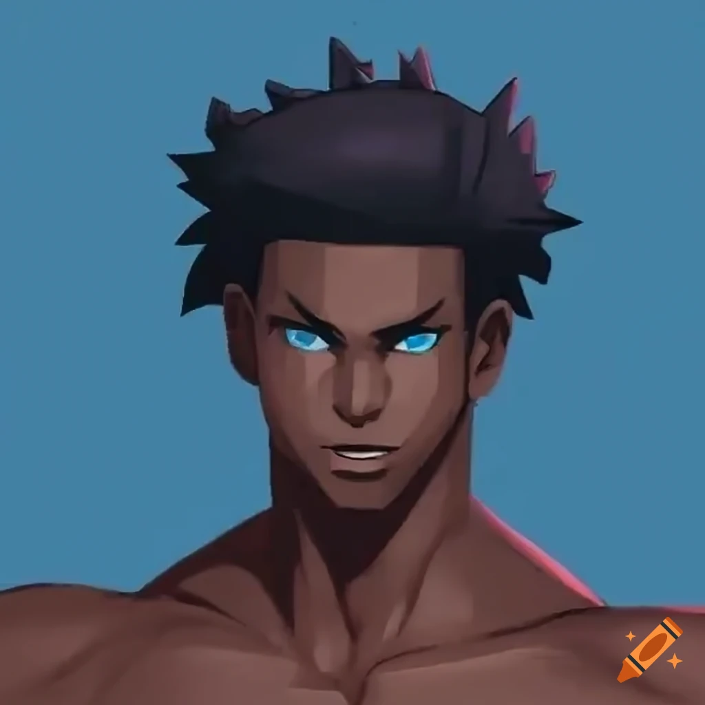 Anime style black male wizard with striking blue eyes and muscular ...