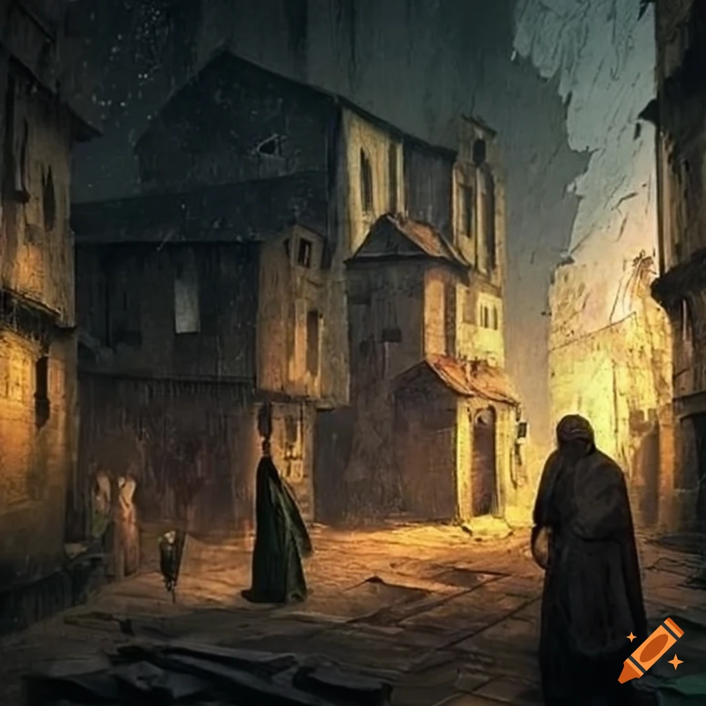 Rainy night in a crowded medieval poverty slum with beggars and tarps ...