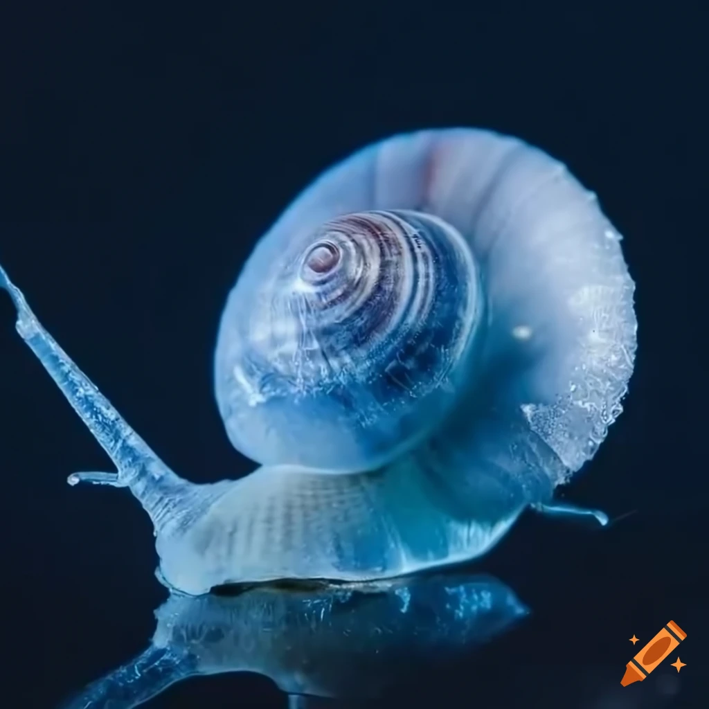 Crawling snail with cryztallized frozen ice shell and water vapor ...