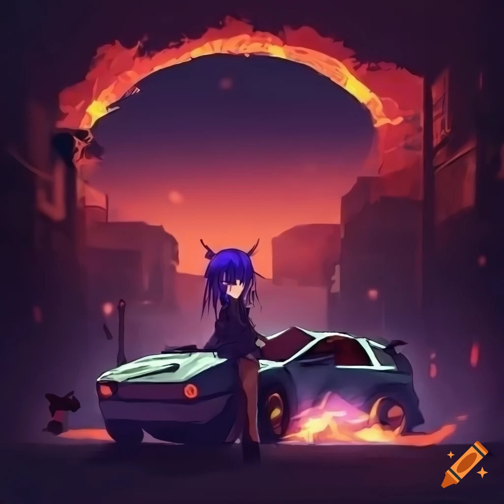 Videogame character Niko leaning on a post-apocalyptic sports car with ...