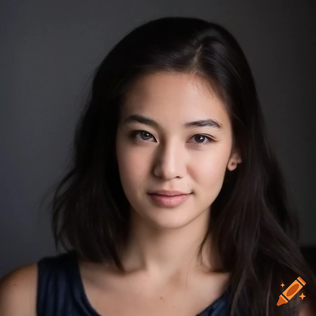 Portrait of a 21-year-old female whasian mix with light blue eyes and short shag hair on Craiyon