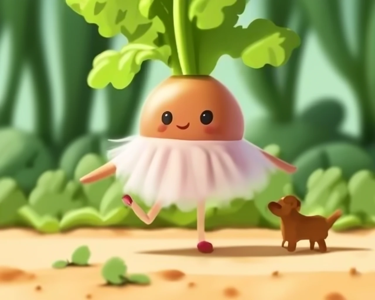 Baby daikon radish in tutu walking a dog illustration on Craiyon