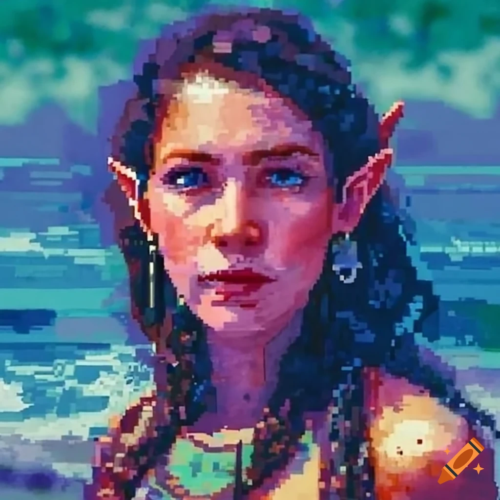 J-RPG demi-elf priestess stranded on a beach among junk, making a peace ...