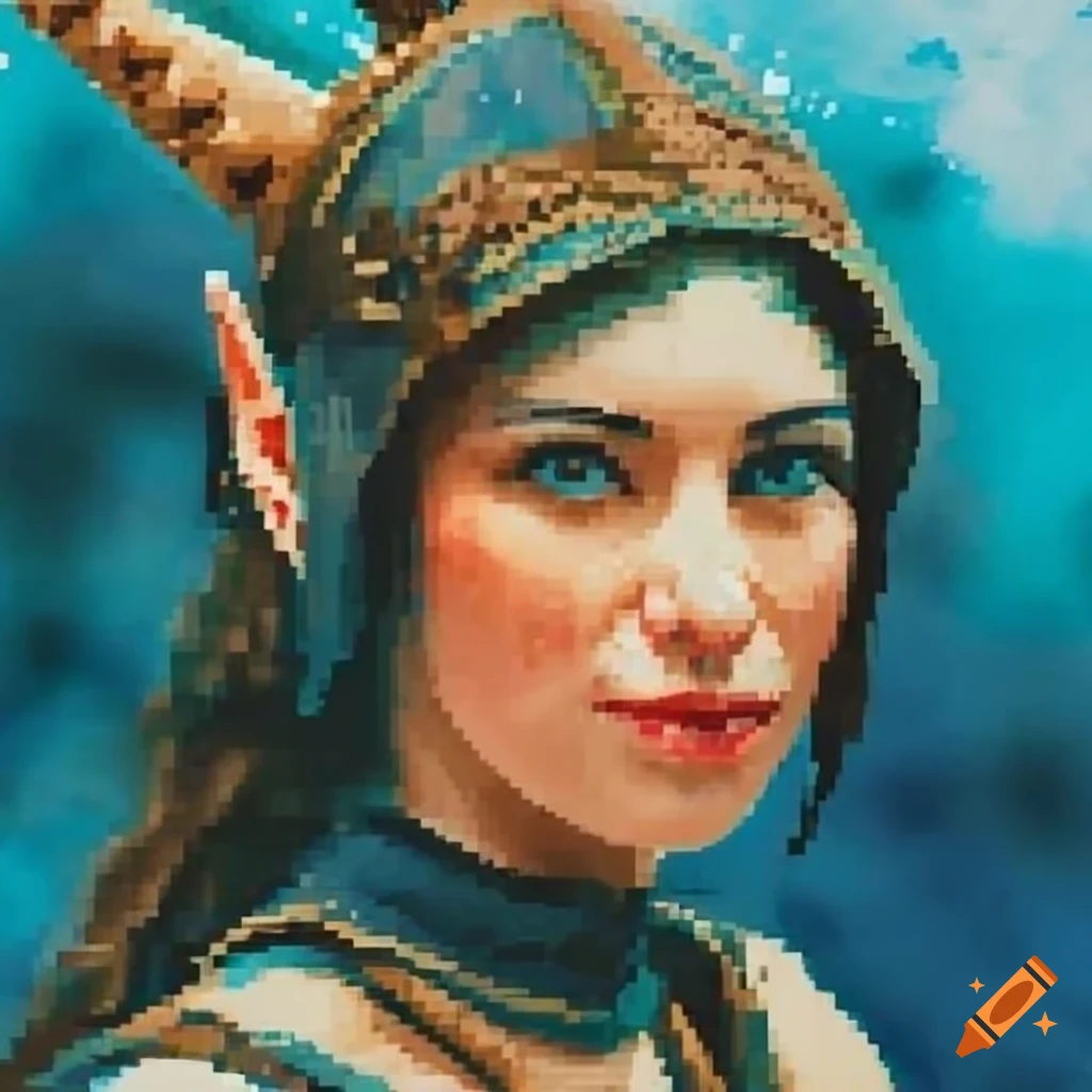 J-rpg demi-elf priestess on a beach surrounded by junk in pixel art ...