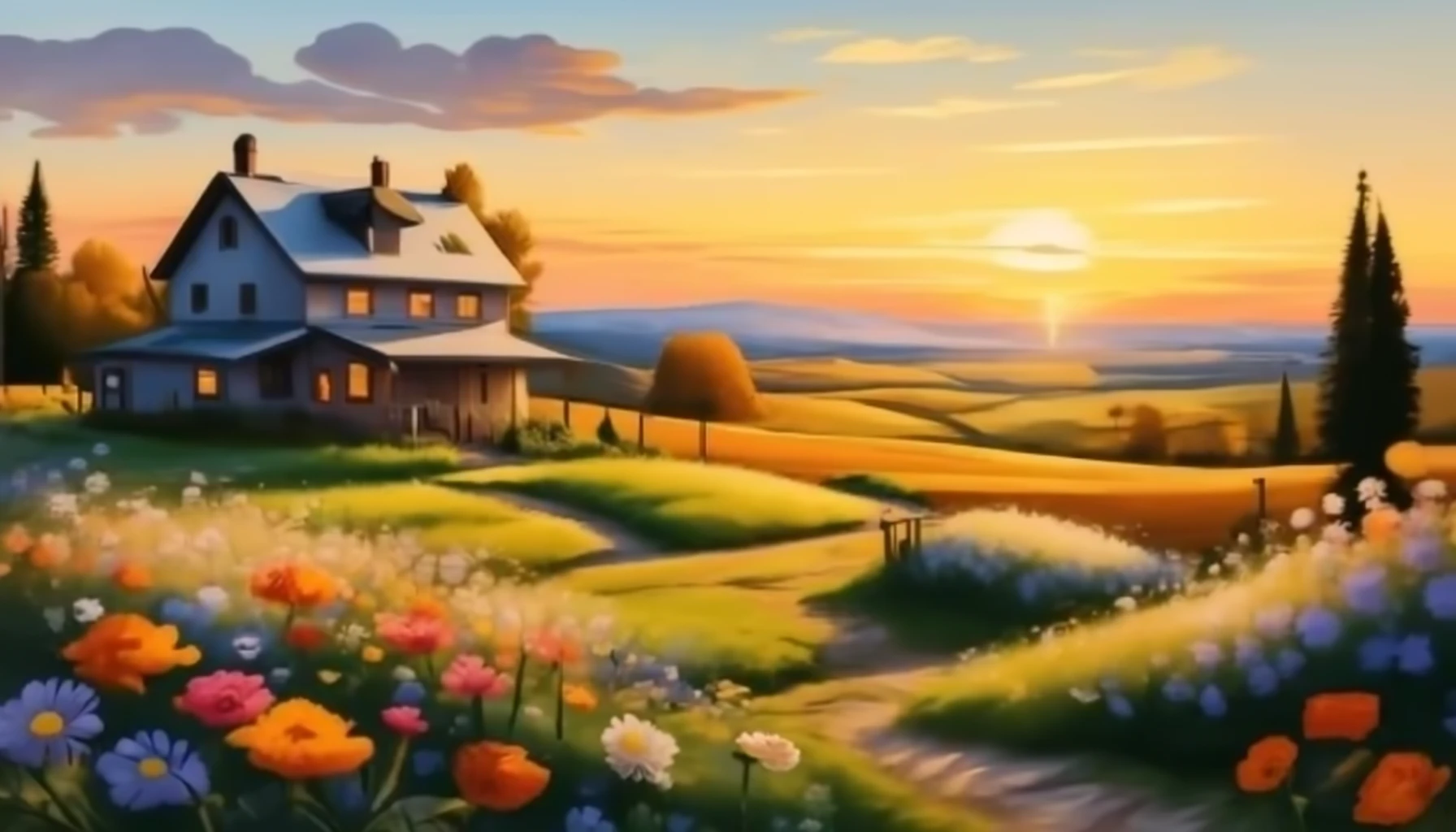 Farmhouse with flowers at sunset on Craiyon
