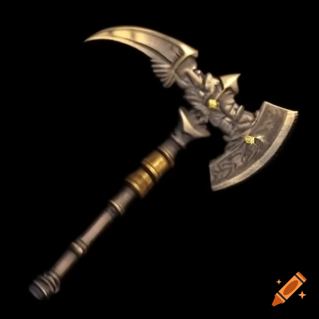Steampunk pickaxe featuring gold rune designed for an evil dwarf on Craiyon