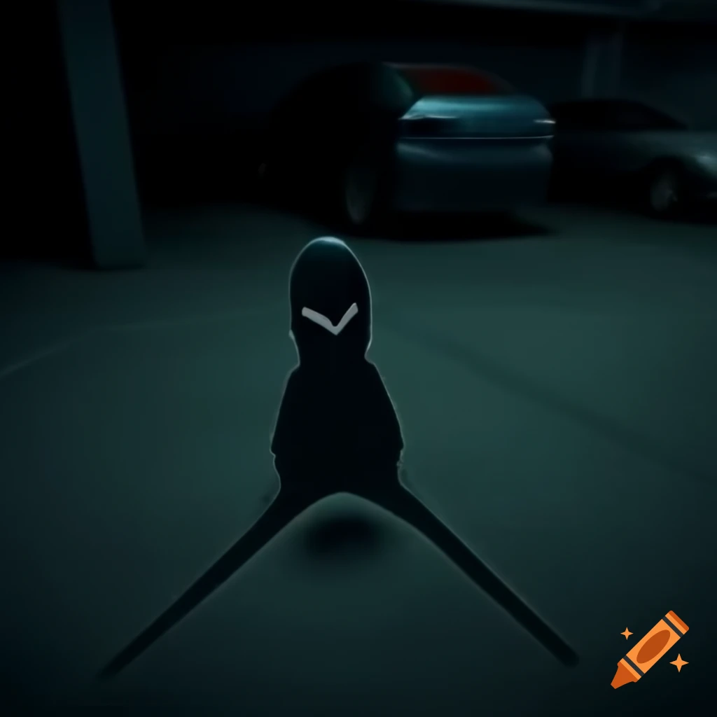 Two-legged figure resembling an 'A' in dark underground parking lot ...