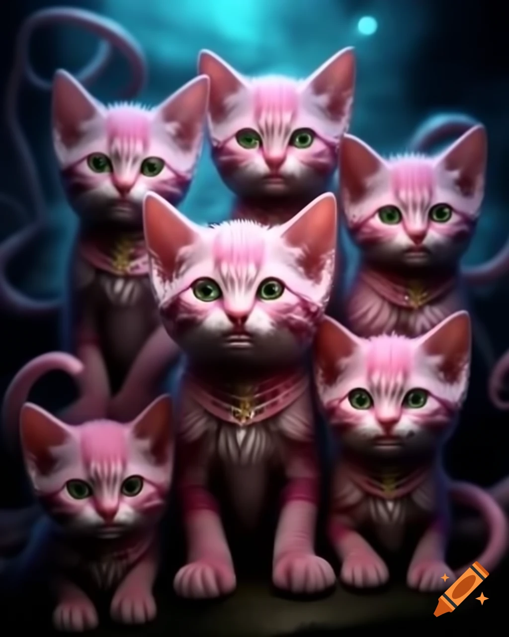 Three pink beast kittens with six alien tentacles in fantasy setting on ...