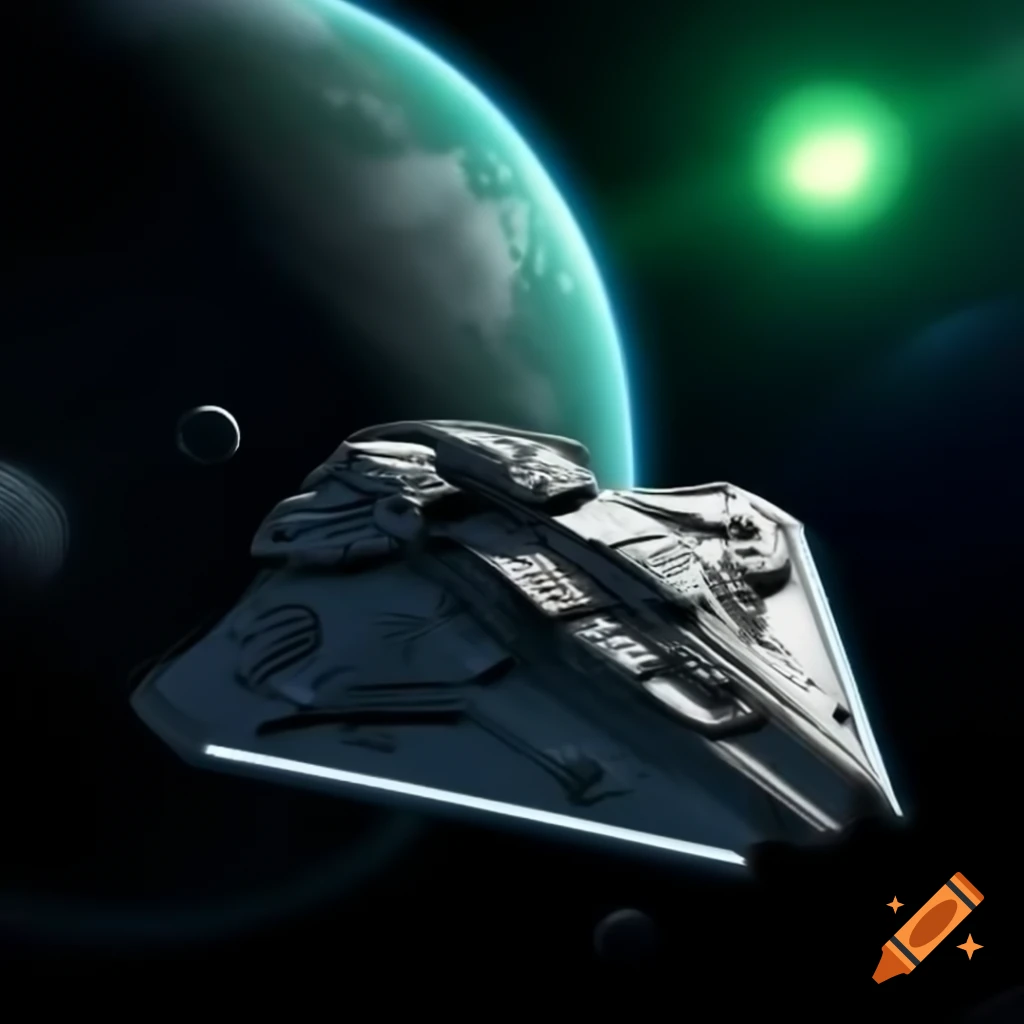 High angle shot of star destroyer in space with large green planet in ...