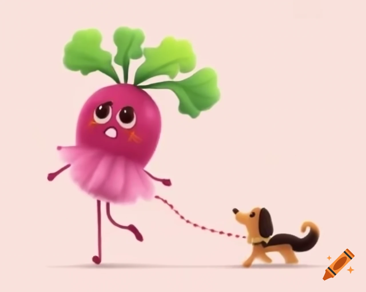 Baby daikon radish in a tutu walking a dog, whimsical illustration on ...