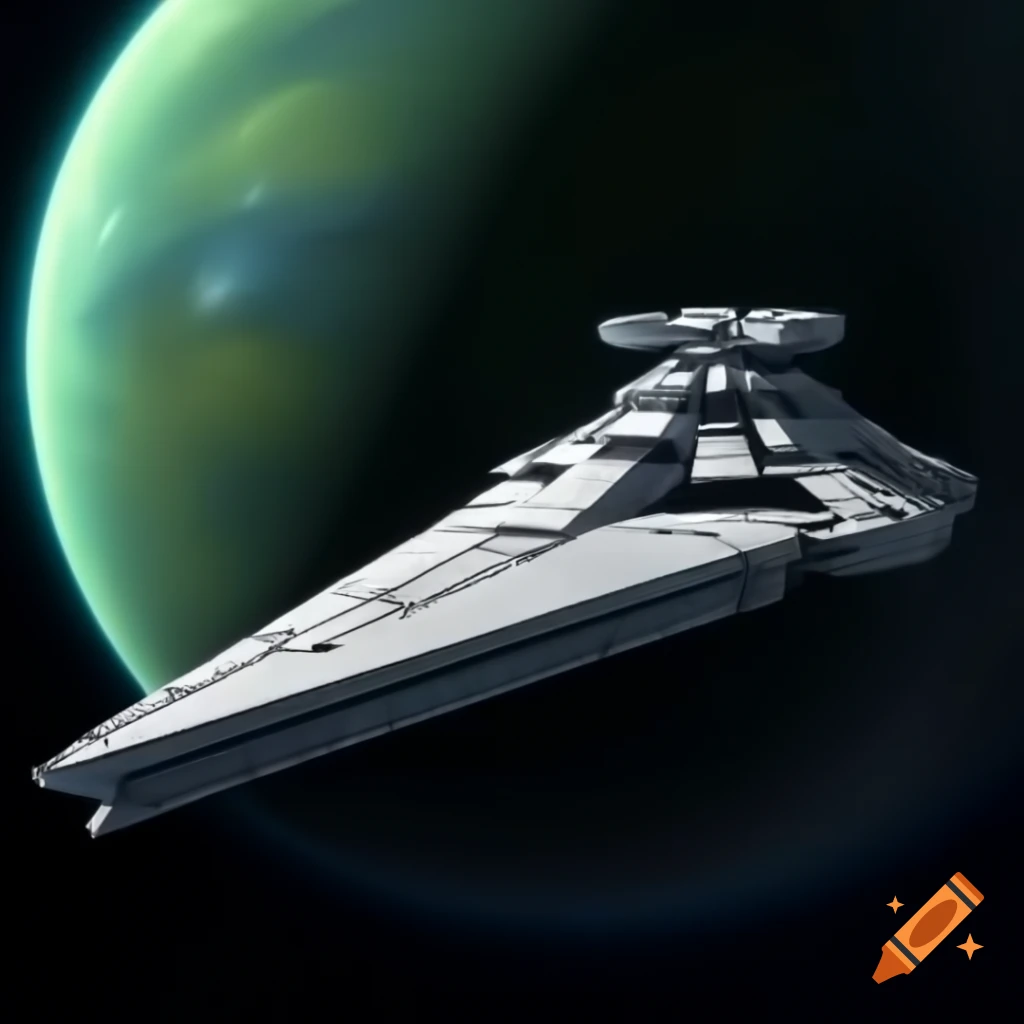 Highly realistic Star Destroyer from Star Wars in space with a green planet on Craiyon