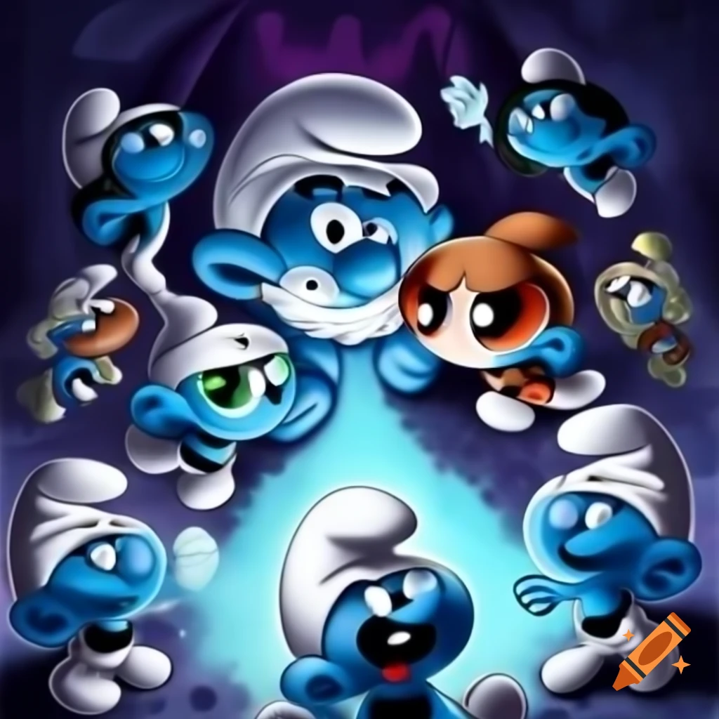 Cartoon vampire queen surrounded by cheerful smurfs in dream realm on ...