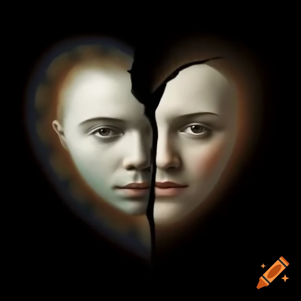 Faded heart with bird element and a split face showing sadness and ...