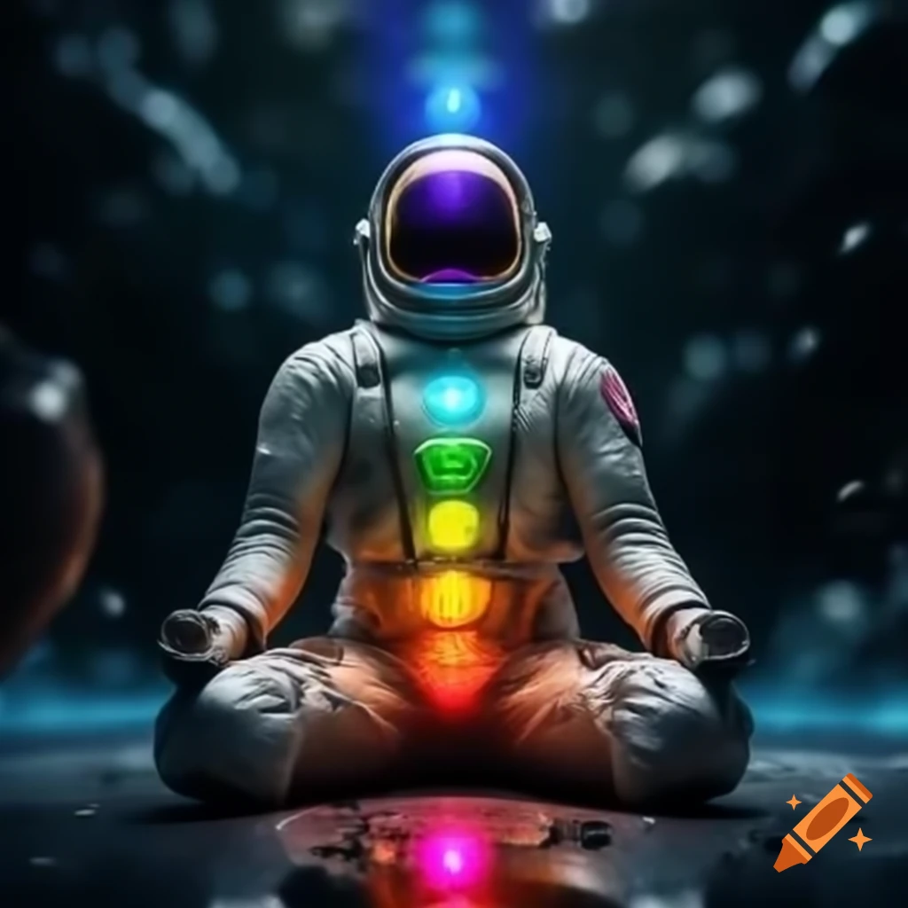 Meditating astronaut with aligned chakras in space setting on Craiyon